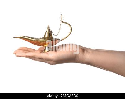 Woman with Aladdin lamp of wishes for Ramadan on white background Stock ...