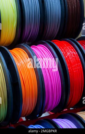 Many spools of 3D printer plastic filaments Stock Photo - Alamy