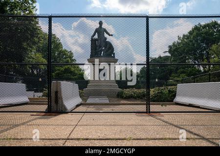 Barriers are erected around the Emancipation Memorial in Washington ...