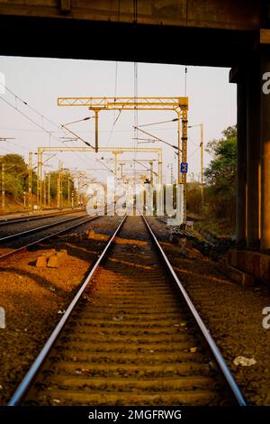 railway track, cable line goes above the rail line to pass electricity ...