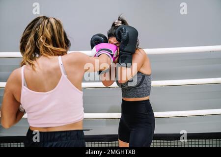 Female boxer punching her practice opponent in the stomach from the ...