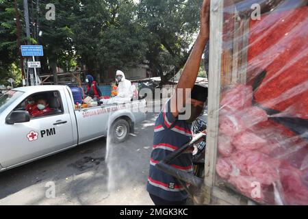 Members of Indonesia Red Cross spray disinfectant in an attempt to help ...