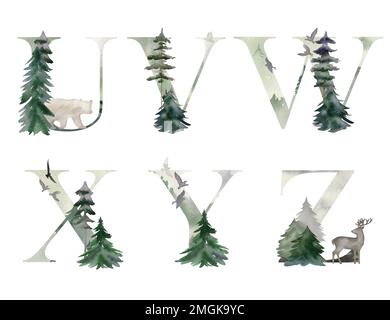 Watercolor woodland animals letters for invitation card, nursery poster ...