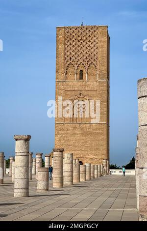 People visiting the Hassan Tower and the columns in Rabat, Morocco ...