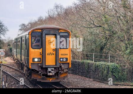 A GWR Tamar Valley branch line train arriving at Bere Alston station on ...