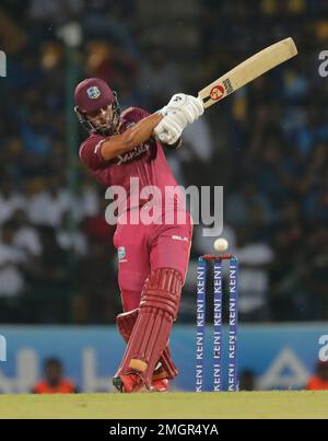 West Indies Brandon King plays a shot during the third Twenty20 ...