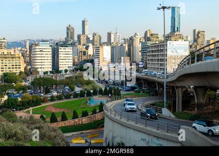 Beirut city skyline. Modern buildings, old buildings, military ...