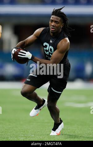 Tulsa defensive back Reggie Robinson II runs a drill at the NFL ...