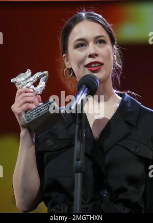 Actress Paula Beer holds The Silver Bear for Best Actress for the film 'Undine' after the award ...