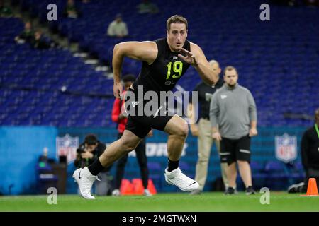 North Carolina offensive lineman Charlie Heck runs a drill at the NFL ...