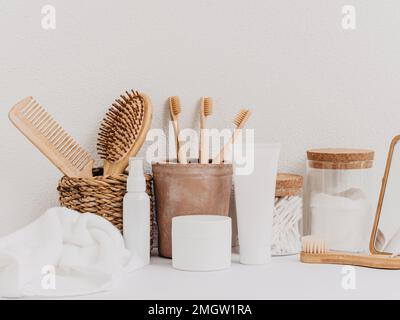 Bath background front view with straw box, container with toothbrushes ...