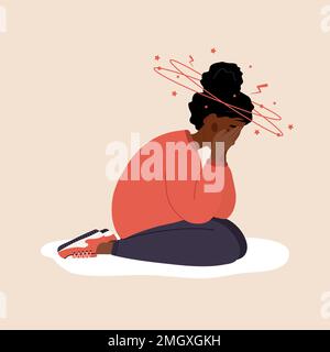 Iron deficiency anemia. Sad african woman with dizziness sitting on ...
