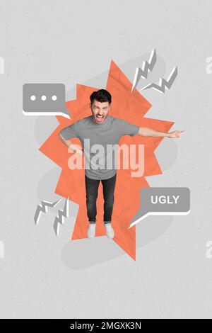 Collage photo of young man scream loud hold bullhorn hate you angry ...