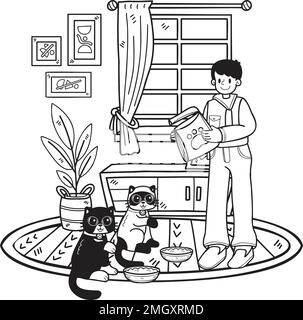 Hand Drawn The owner feeds the cats in the room illustration in doodle ...