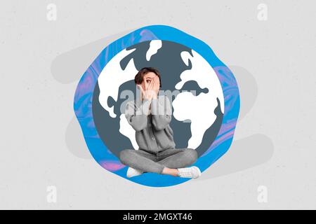 Collage retro sketch image of scared lips head lady afraid little mouse ...