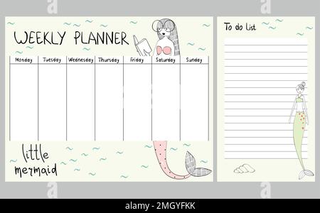 Mermaid stationery weekly planner and daily organizer for kids, Monday ...