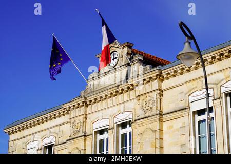 French tricolor and europa flag on france facade mairie text building ...