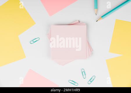 Notebook and Colored Papers Stickers Lying On Desk. Collection ...