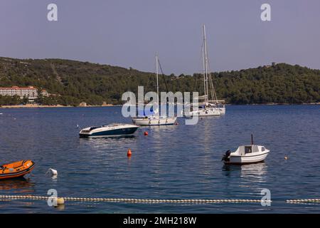 VIS, CROATIA, EUROPE - Boats moored on waterfront in town of Vis, on ...