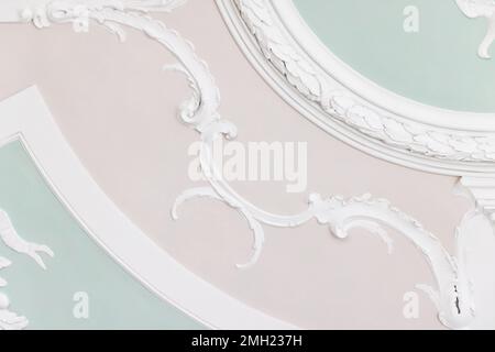 White gypsum bas-relief details, ceiling corner design, rococo style ...