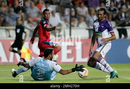 Uruguay's Fenix goalkeeper Ernesto Hernandez and teammate Kevin Alaniz ...