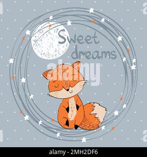 baby shower cute fox sleeping animal cartoon vector illustration Stock ...