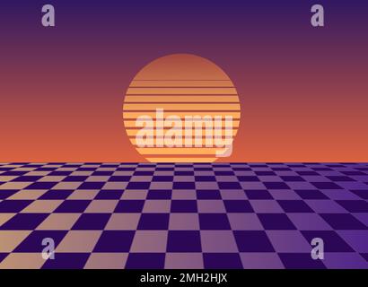 3D style vector graphics checkerboard grid floor scene. Vaporwave ...