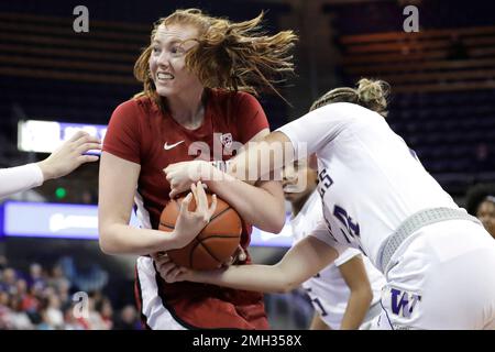Stanford forward Ashten Prechtel, left, blocks a shot by Colorado ...