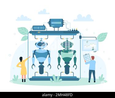 Cartoon tiny people building cyborg with electronic tools, software and ...