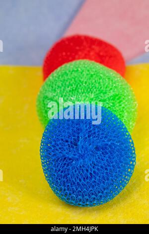 Colorful plastic scourers in a closeup Stock Photo - Alamy