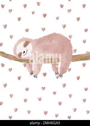Cute pink sloth watercolor illustration. Sleeping baby sloth. Cartoon ...
