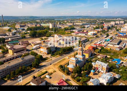 Volzhsk, Russia - August 23, 2021: Panoramic view from drone of Volzhsk ...