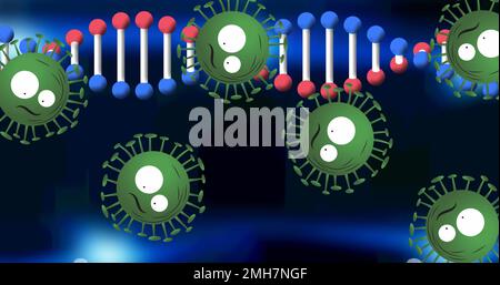 Composition of virus cells over dna strand and green stripes on black ...