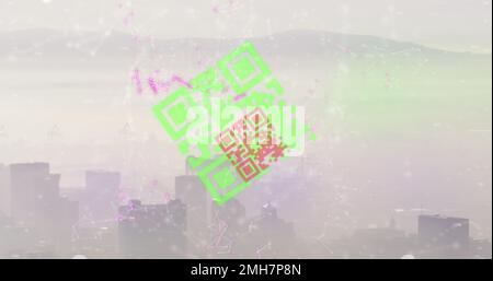 Composite of qr code, digital data processing with network of connections over cityscape Stock ...