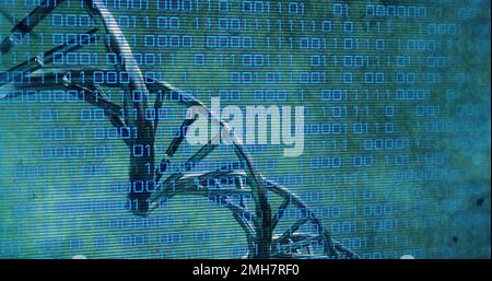 Image of dna rotating over binary code on green background Stock Photo - Alamy