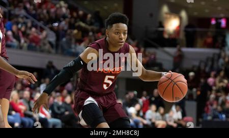Virginia Tech's Taja Cole (5) handles the ball during an NCAA college ...