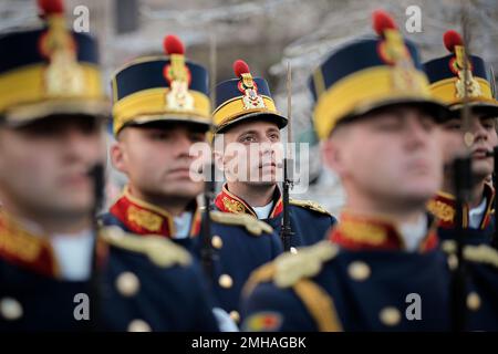 Romanian Honor Guard soldiers stand at attention during a visit from U ...