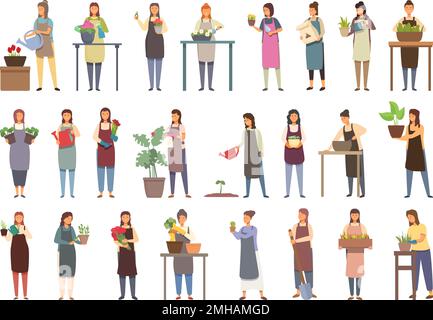 Girl caring for flowers icons set cartoon vector. Plant pouring. Flower ...