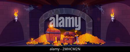 Castle dungeon with treasure chest, gold money piles, jewelry and gem ...