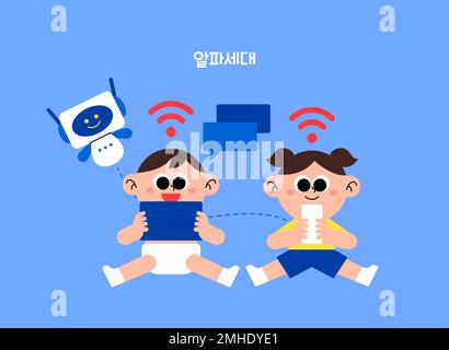 generation alpha, children using mobile and ai robots Stock Photo - Alamy