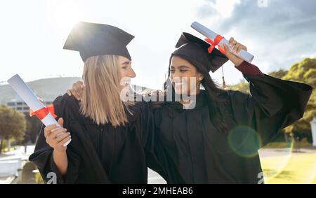 Women friends, hug and graduation diploma with smile, celebration or ...