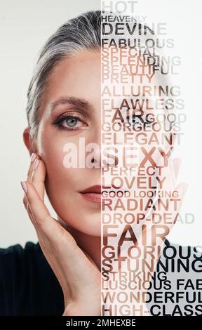 Words overlay, letter collage and portrait of a mature woman face in ...