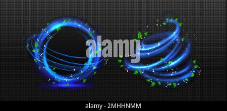 Freshness effect, green air, wind flow with green leaves. Glow vortex ...