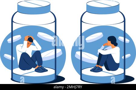 Psychology. Antidepressant treatment. Medication in jars and pills ...