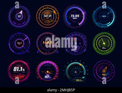 Futuristic car speedometer gauge dials, neon led speed meter, vector ...