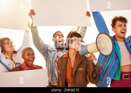 Lgbt protest, poster and group of people walking in city street for ...