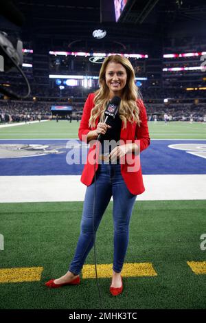 Jane Slater, NFL network sideline reporter, walks along the end zone ...