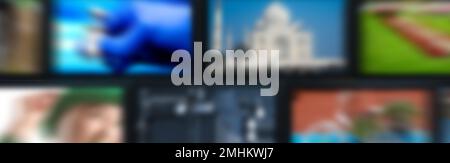 Background of many blurred TV screens. Master control room of TV ...