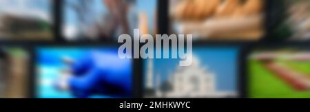 Background of many blurred TV screens. Master control room of TV ...