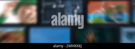 Background of many blurred TV screens. Master control room of TV ...